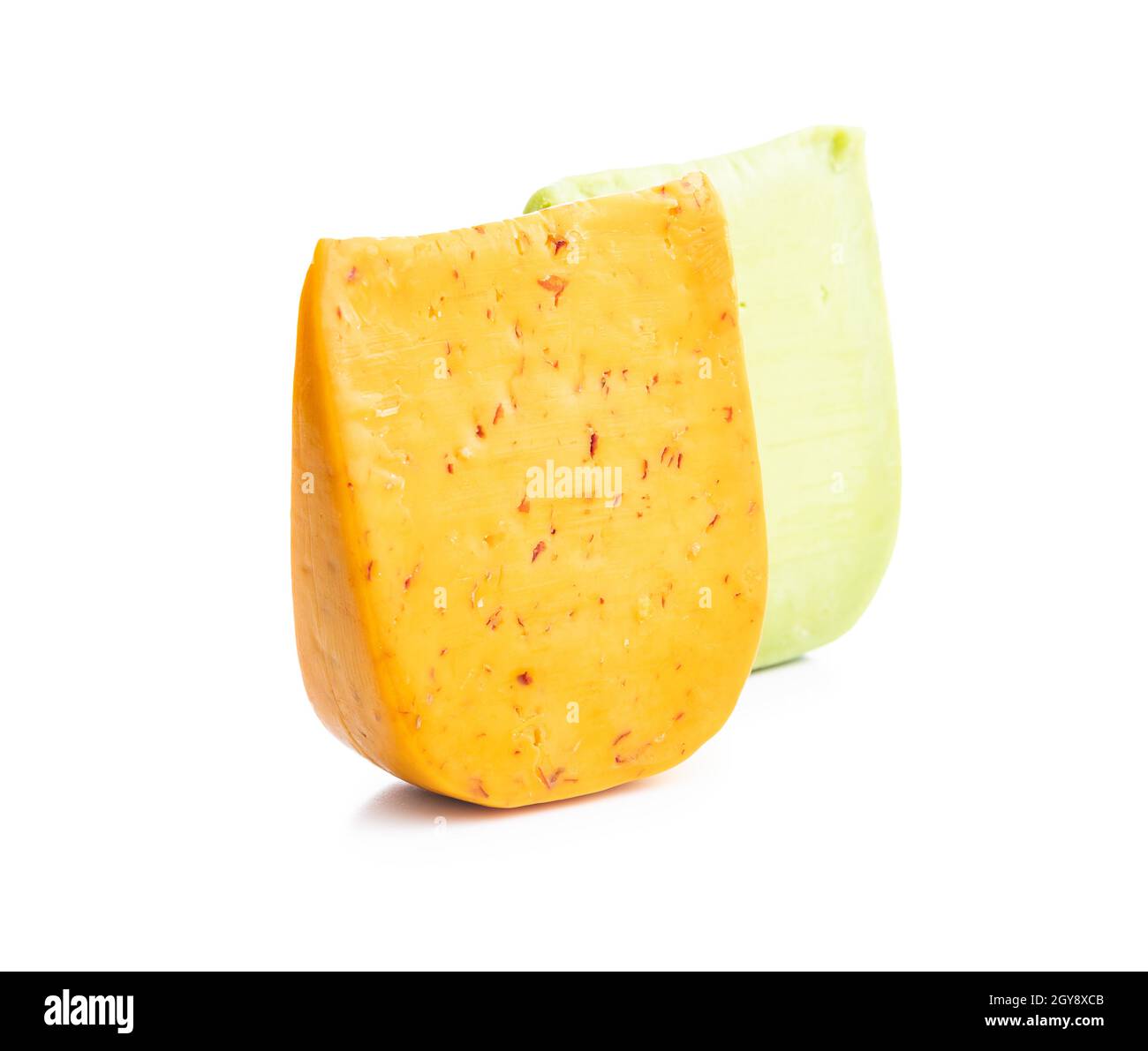 Block of hard cheese with chili and wasabi flavor isolated on white ...