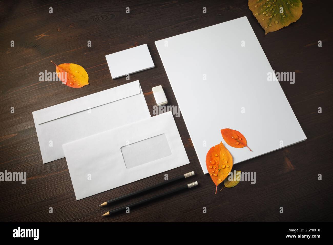 Branding stationery mockup on wooden background. Blank objects for ...