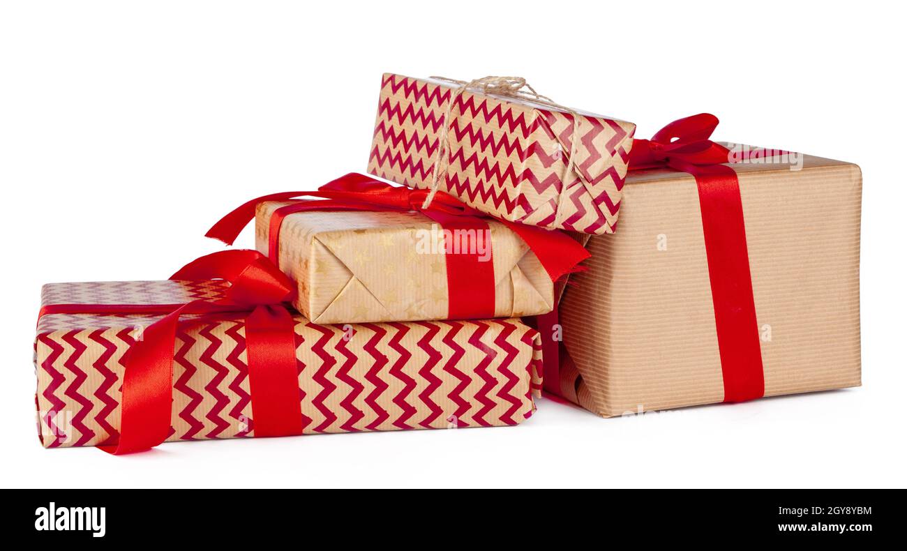 Group of gift boxes in craft paper isolated on white background Stock ...