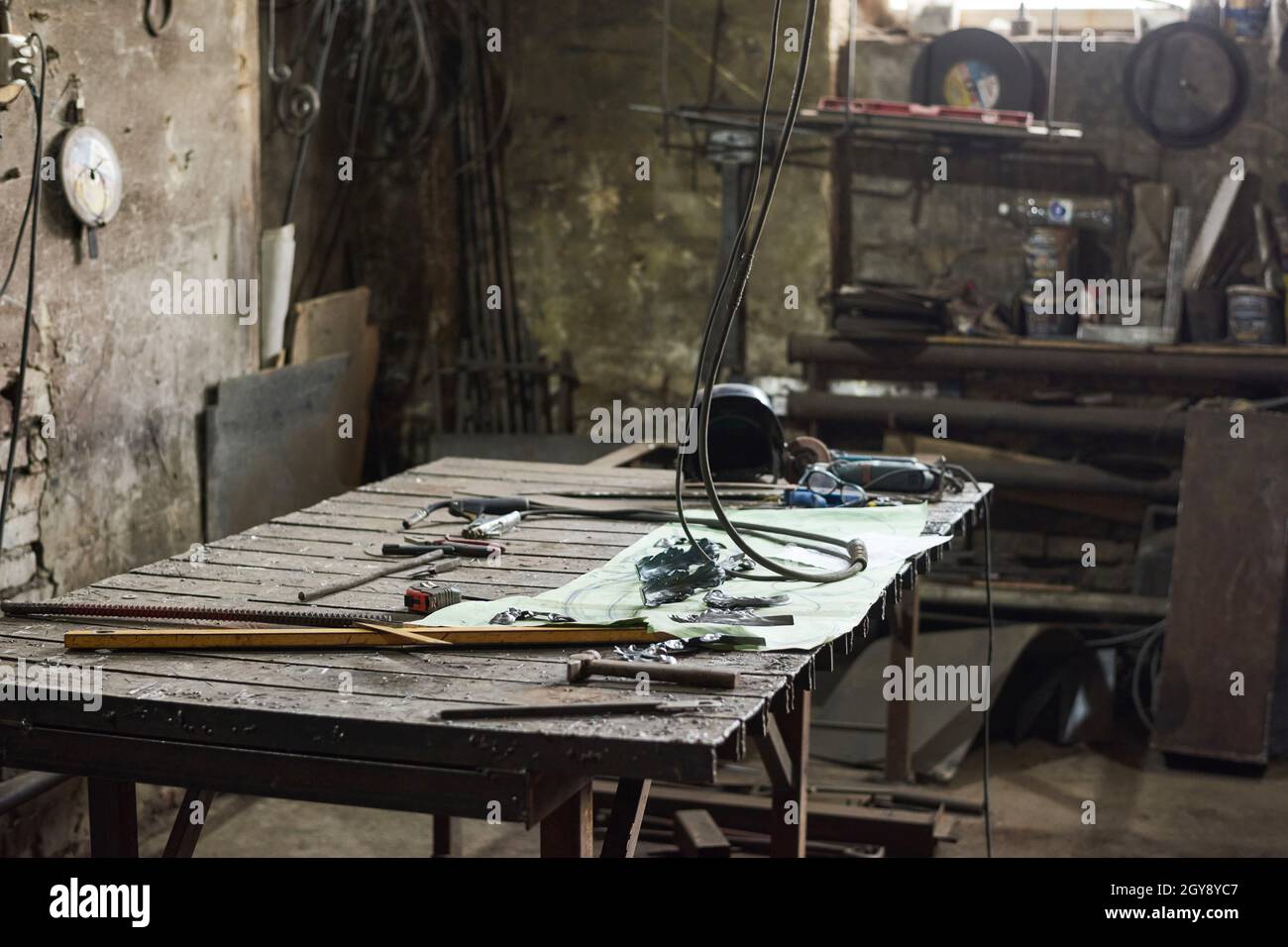 Image of table with work tools on it for work in the workshop Stock ...