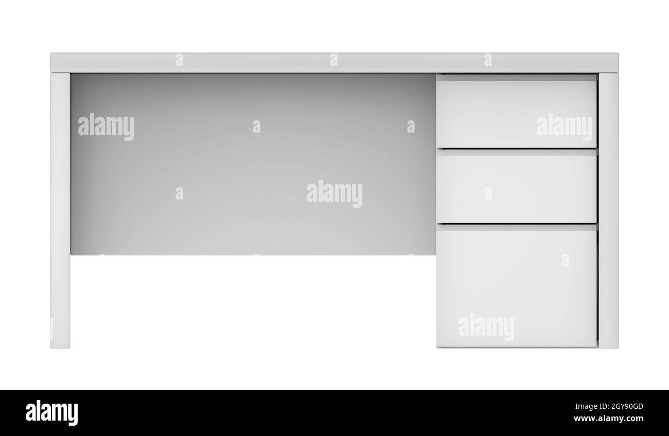 Front view of modern designed office desk, isolated on white background ...