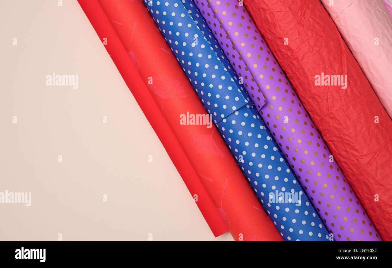 rolled paper rolls of decorative wrapping paper, top view Stock Photo ...