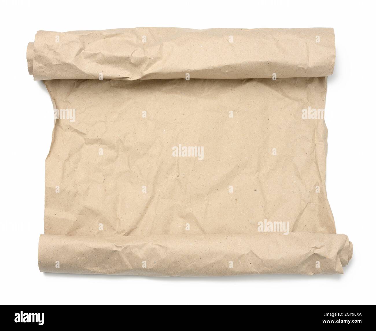 rolled roll of brown crumpled paper on white background, copy space ...