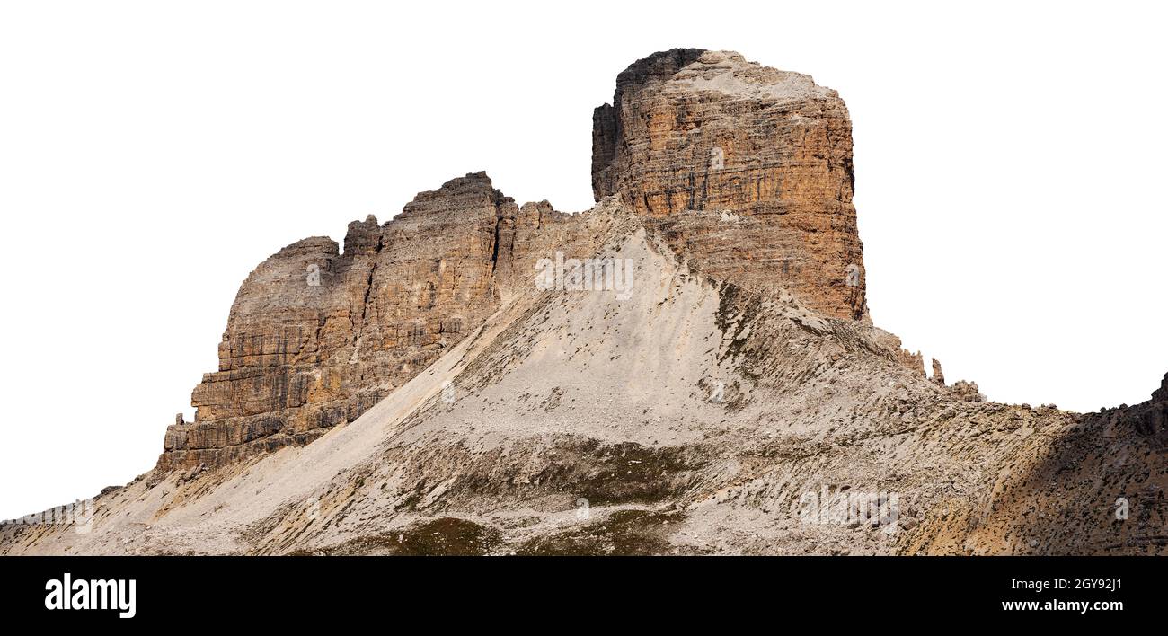 Mountain peak of Sesto Dolomites isolated on white background, Torre ...
