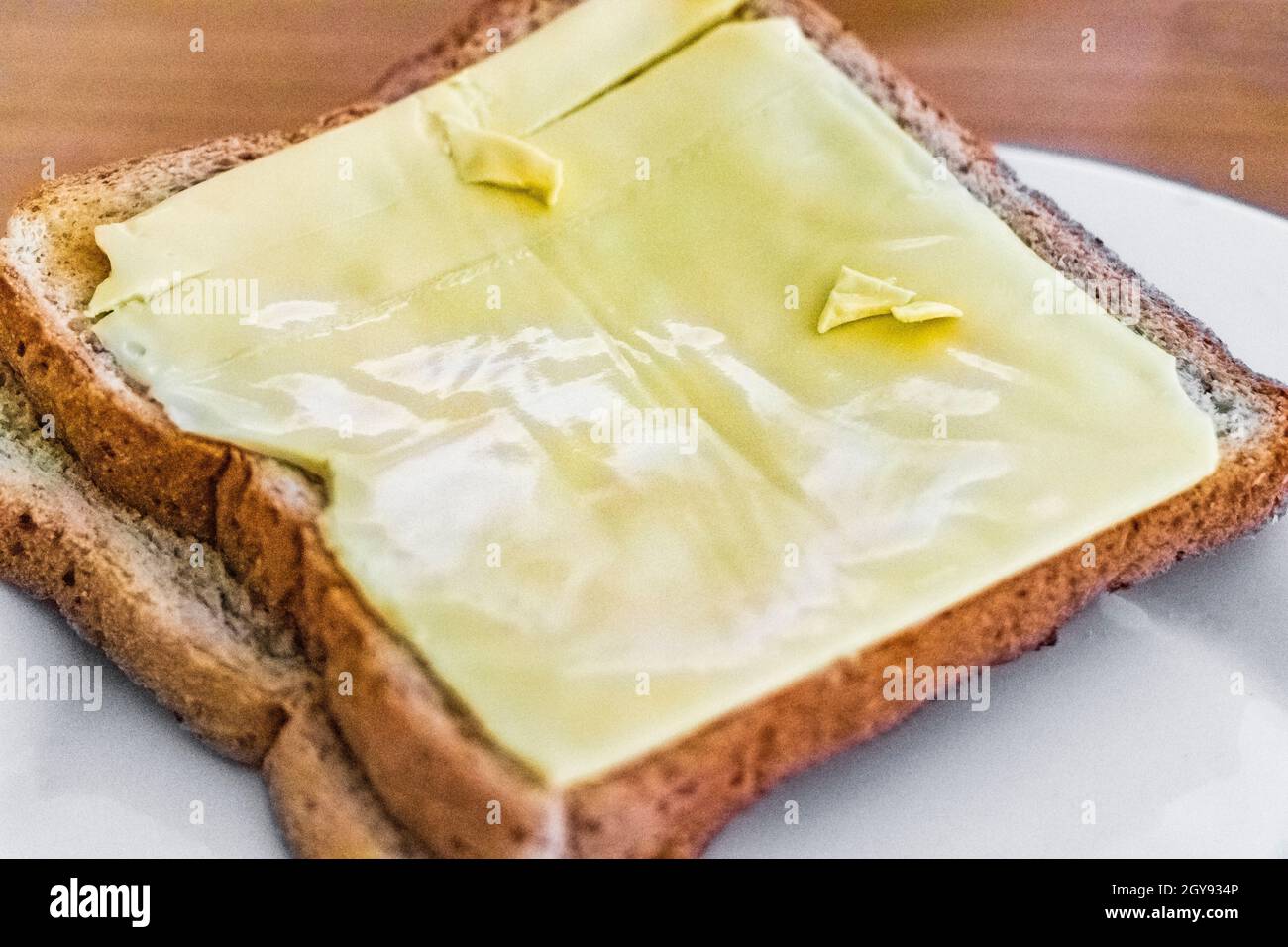 Quick unhealthy breakfast toast with slice cheese on a plate on Koh ...