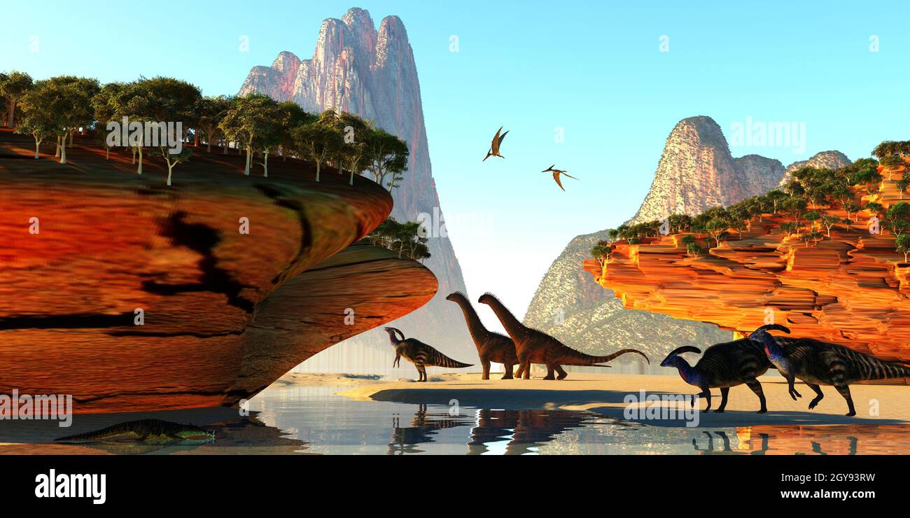 A Kaprosuchus reptile slinks into a river as Alamosaurus and ...
