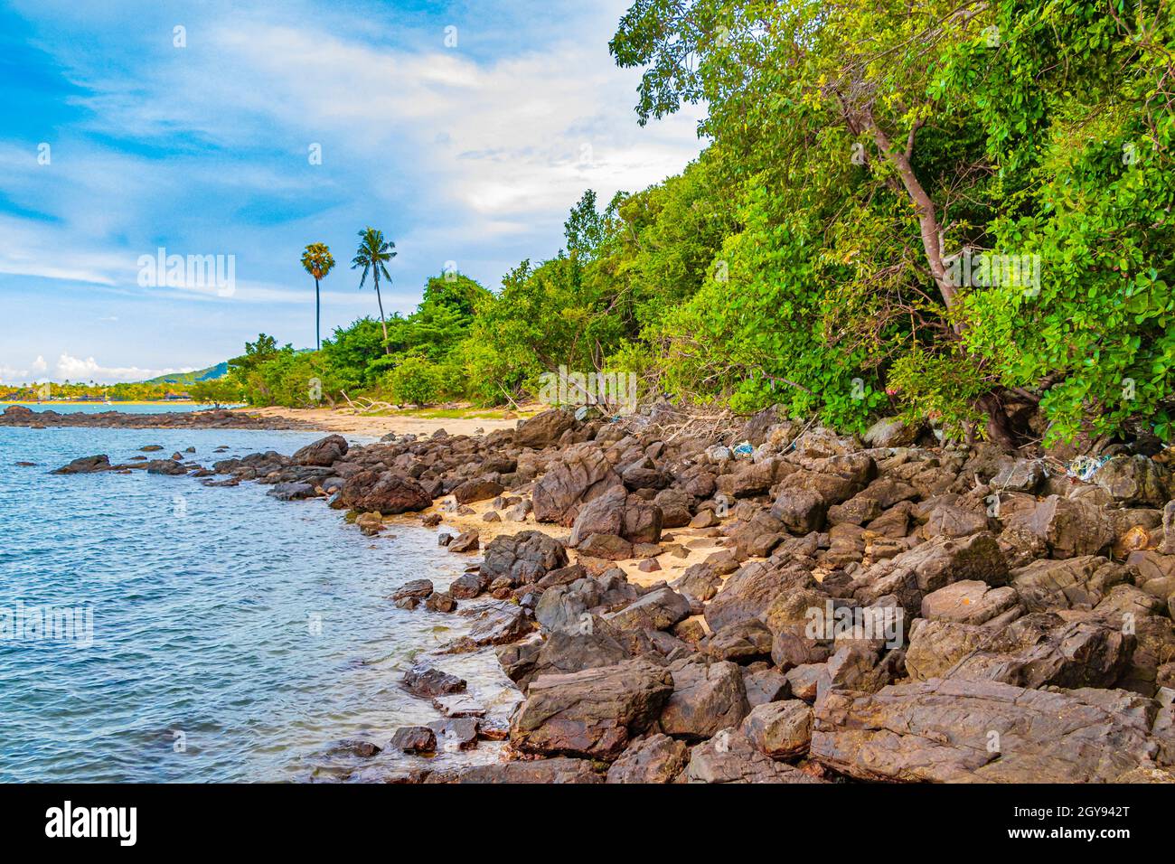 Amazing Koh Samui island beach and landscape panorama with cost rocks ...