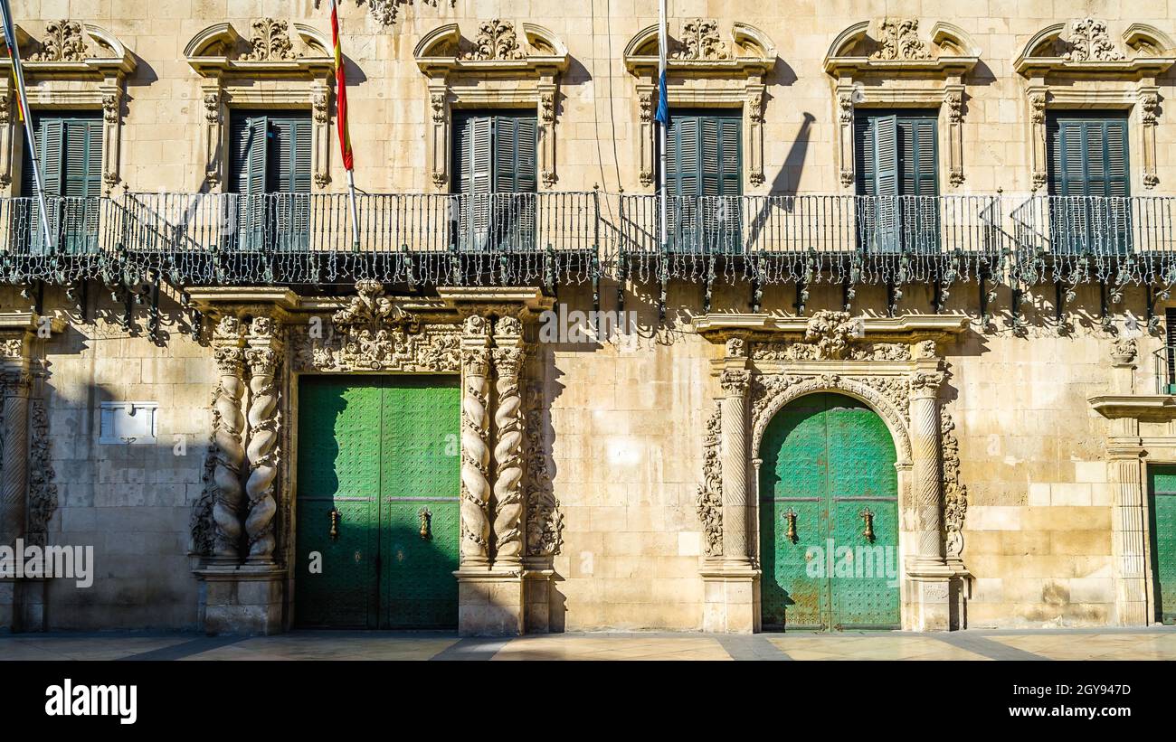 Architectural detail of the city hall building in Alicante, Spain Stock ...