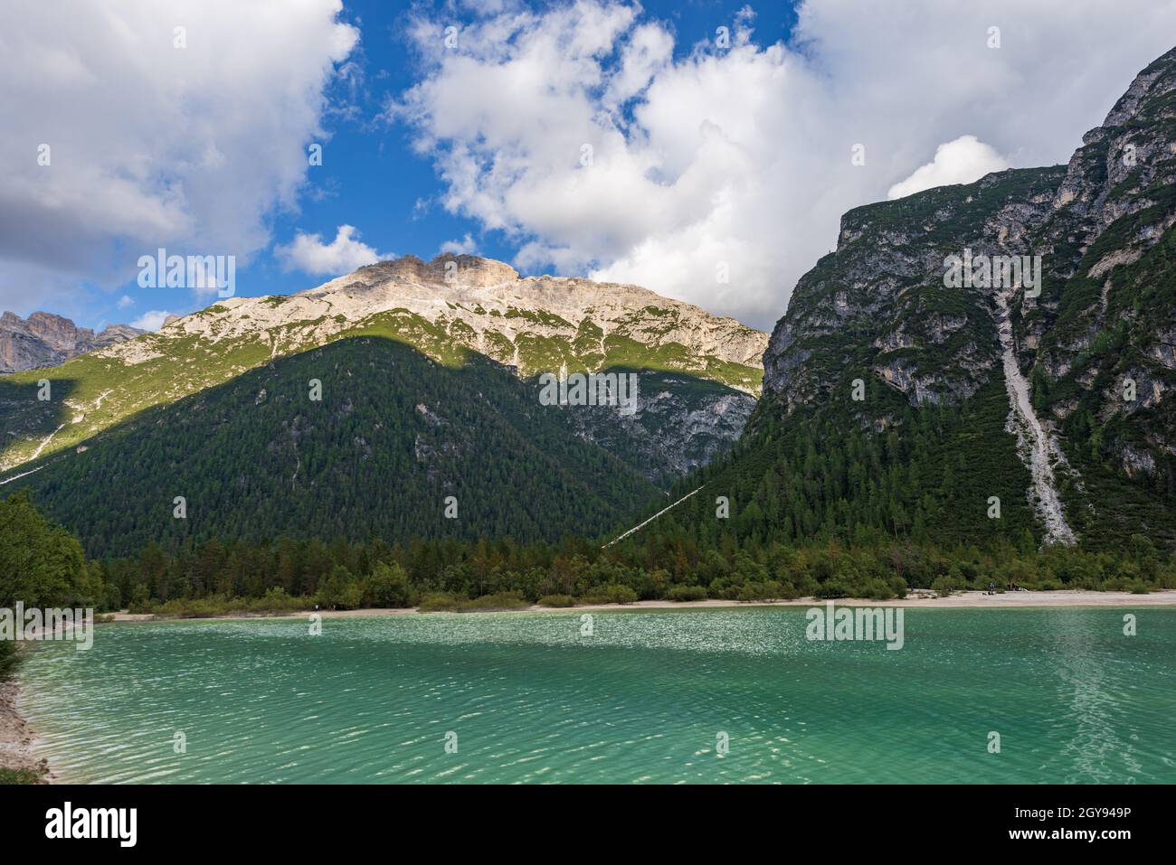 Lake Landro (Lago di Landro or Dürrensee) and mountain peak of ...