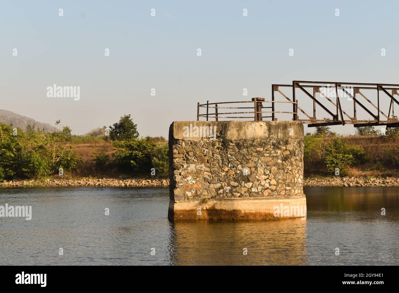 Old Stone piller bridge over the small river at Maharashtra Stock Photo ...