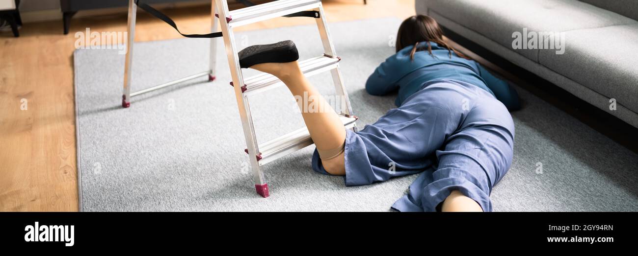 Clumsy Women Falling Ladder Incident. Injured Person On Floor Stock ...