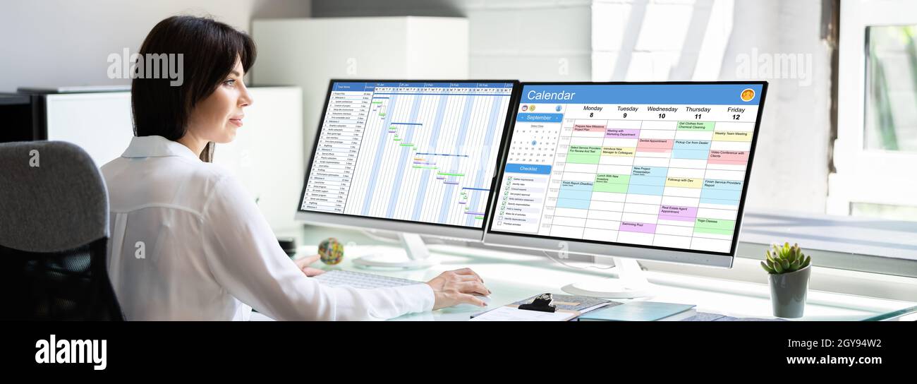 Woman Looking At Calendar Screen And Agenda Planner Stock Photo - Alamy