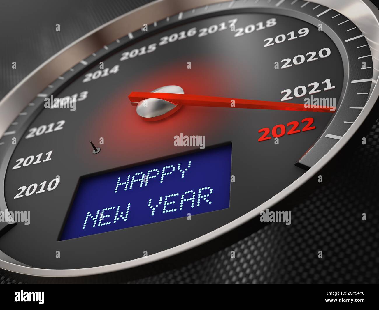 The speedometer indicates 2022 and the inscription on the screen: Happy ...