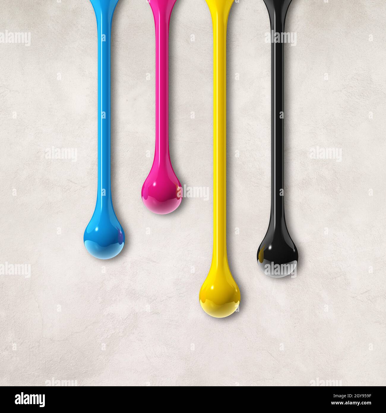 3D cmyk ink drops isolated on white concrete background. square ...