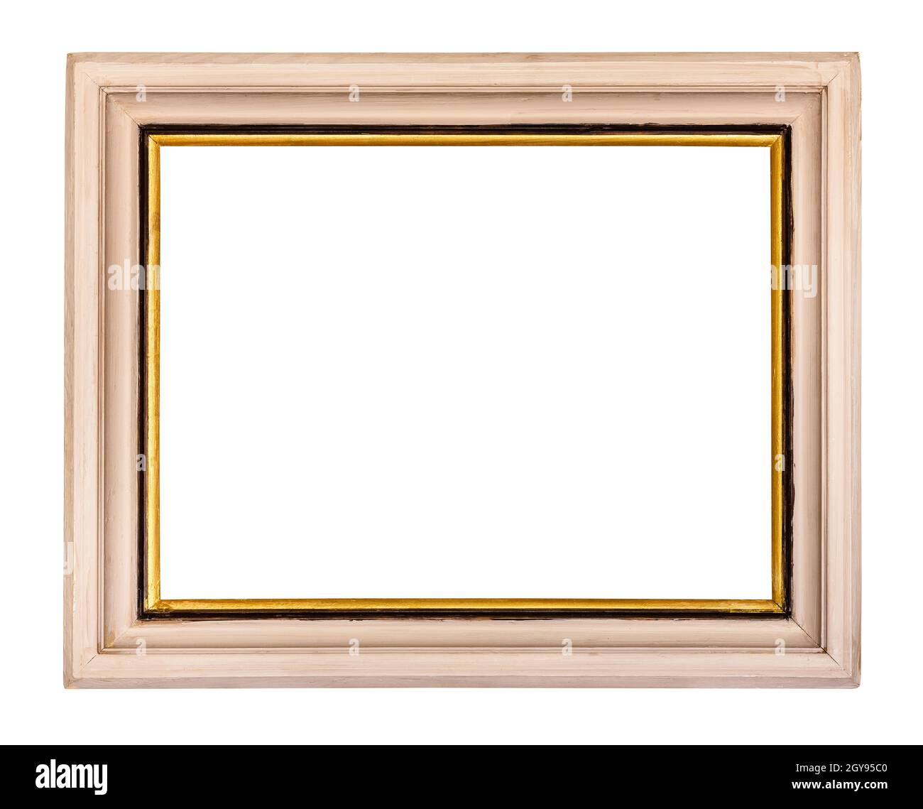 wide beige colored picture frame with cut out canvas isolated on white ...
