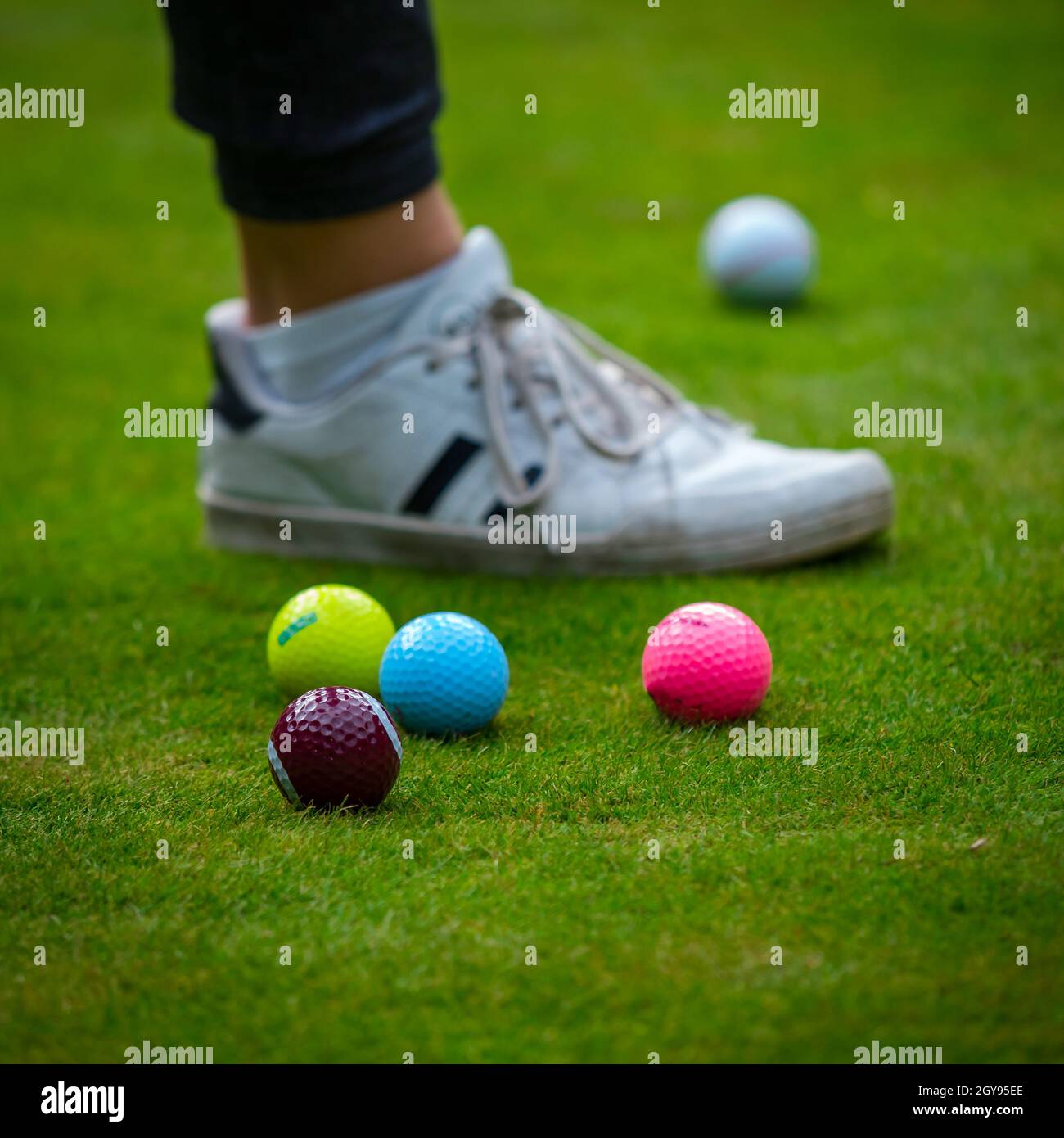 Multi-colored golf balls on green grass. Golf Club. Sports and ...