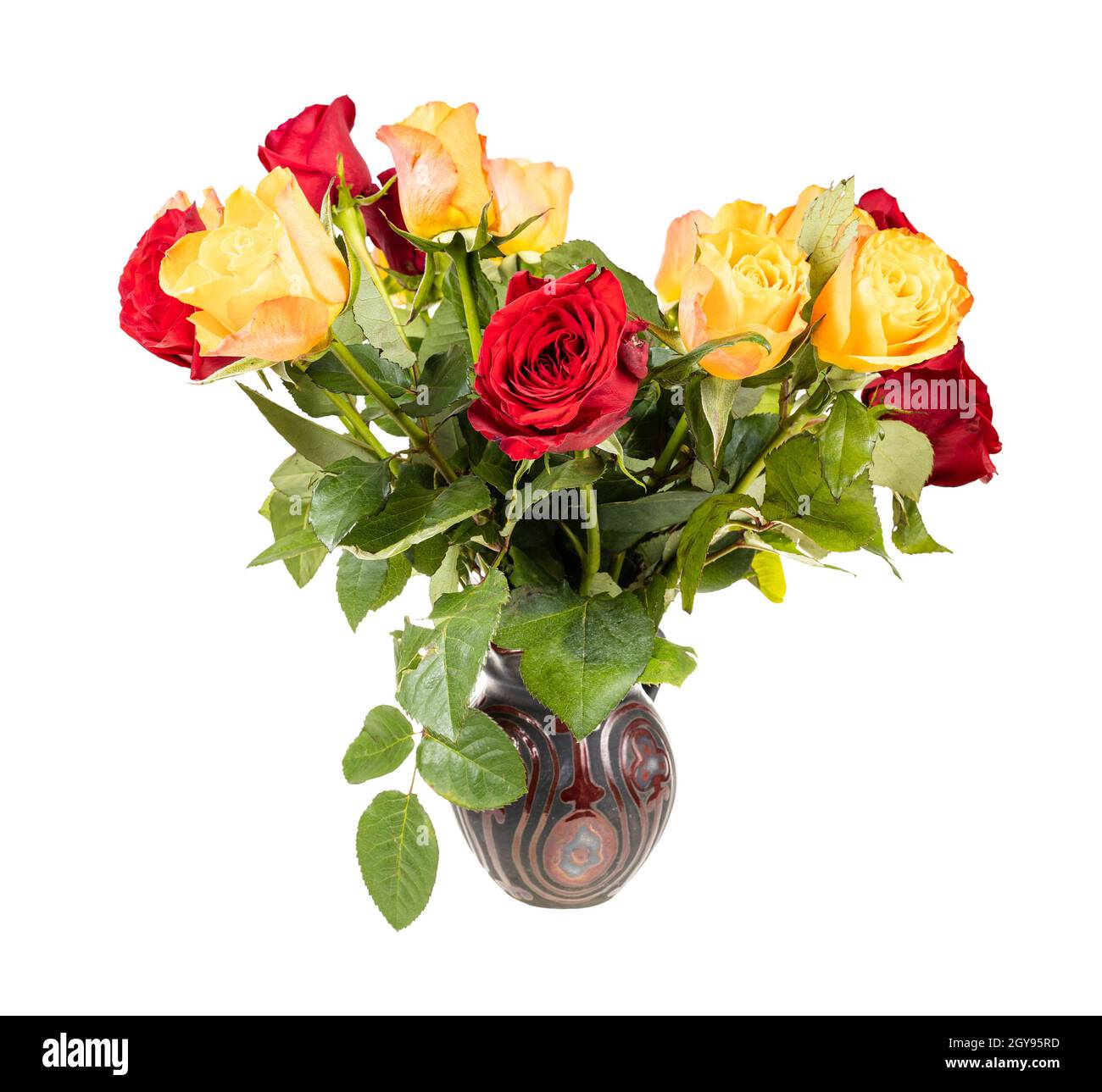 fresh red and yellow roses in ceramic vase isolated on white background ...