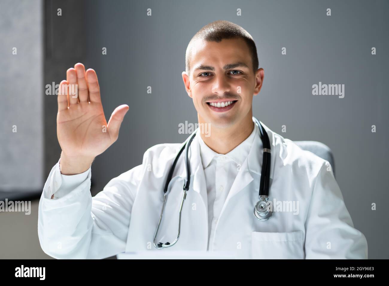 Men Waving Goodbye In Online Video Conference Healthcare Webinar Stock ...