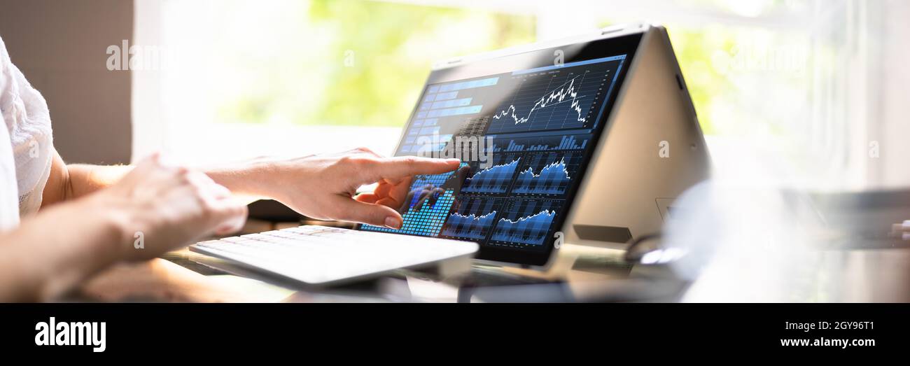Analytics Dashboard On Laptop Screen. Woman Using Marketing Tech Stock ...