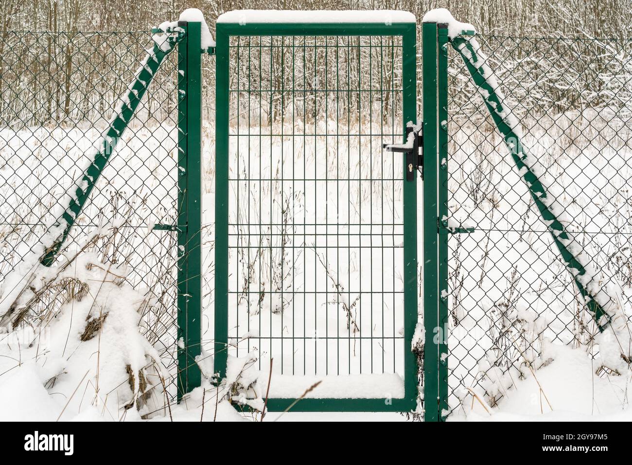 Fence with gate in wintertime covered with snow Stock Photo - Alamy