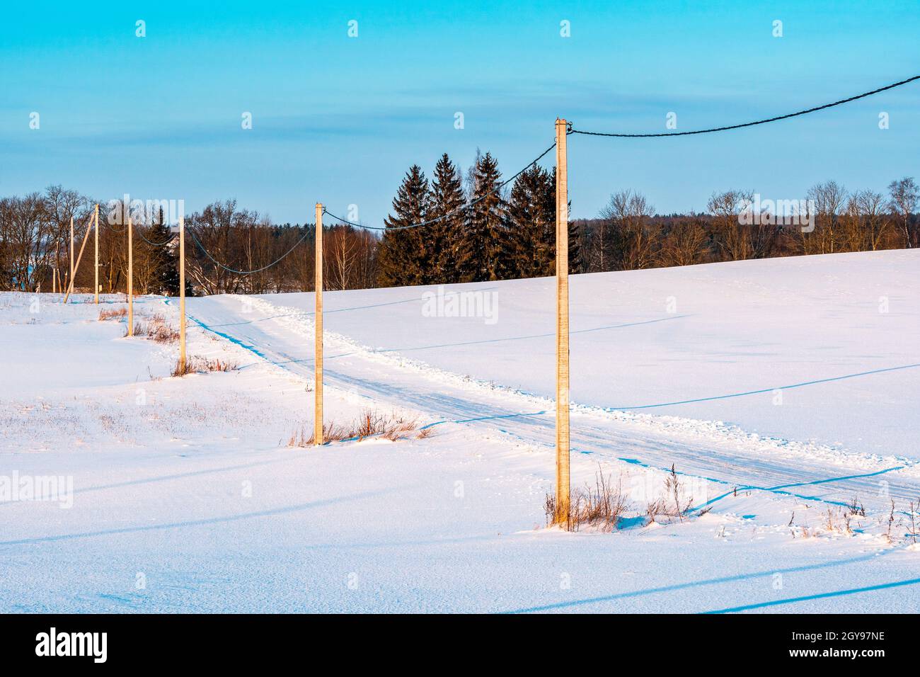 Empty rural road, snowy winter landscape, electricity poles Stock Photo ...