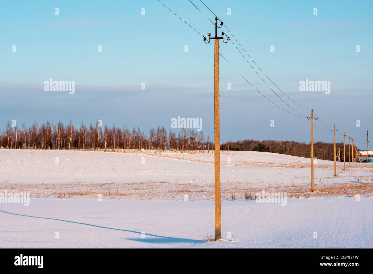 A wide angle view of Electricity Pylons crossing along a snowy field ...