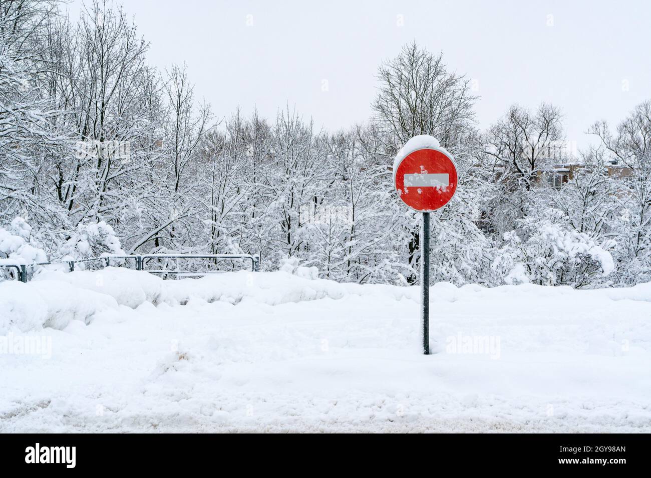 No entry road sign on the roadside in deep snow Stock Photo - Alamy