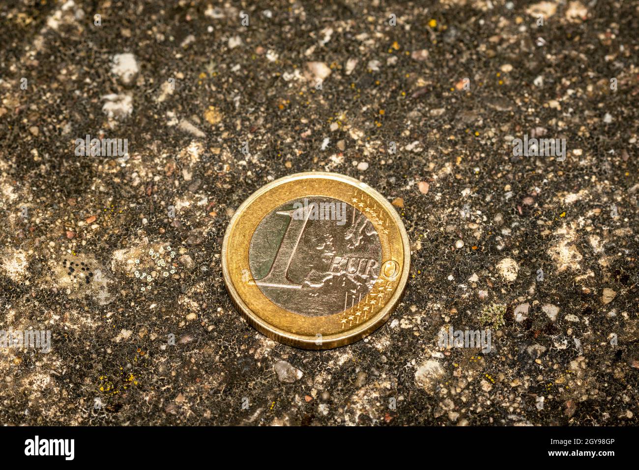 One Euro coin dropped on the pavement. The coin of one euro found on a ...