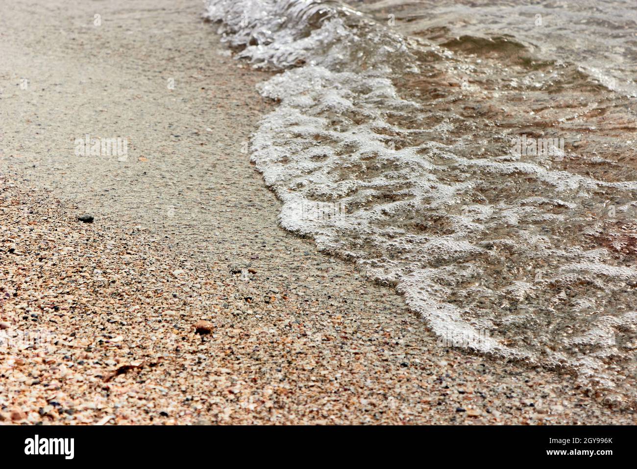 A small sea wave with foam. Sea foam on beach sand with clear water ...