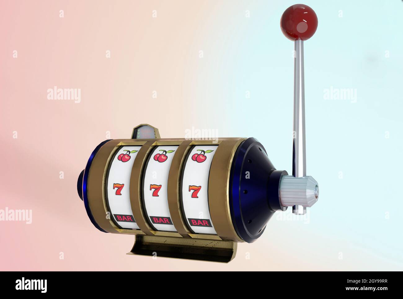3d illustration. Slot machine and one arm bandit on pastel background ...