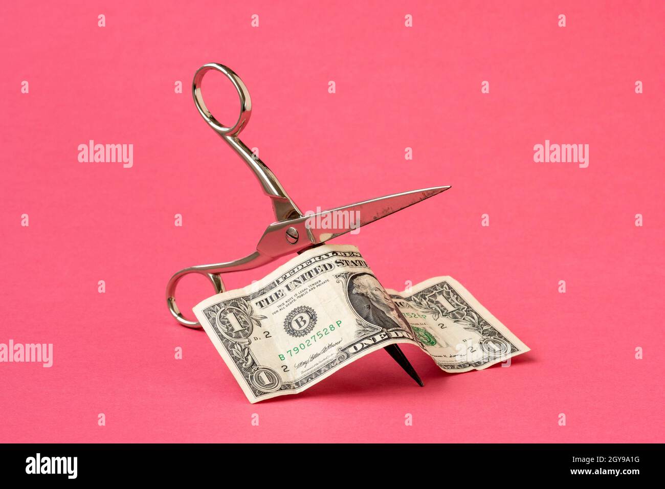 Cutting one dollar with scissors on pink background. Concept on the ...