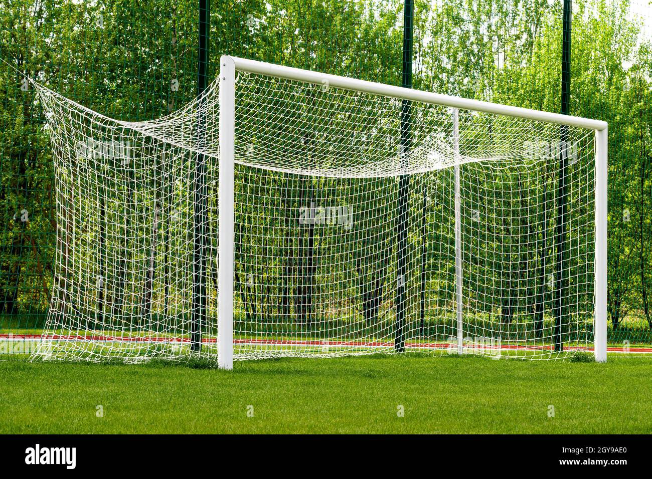 Empty football goals on the soccer field with green grass Stock Photo ...