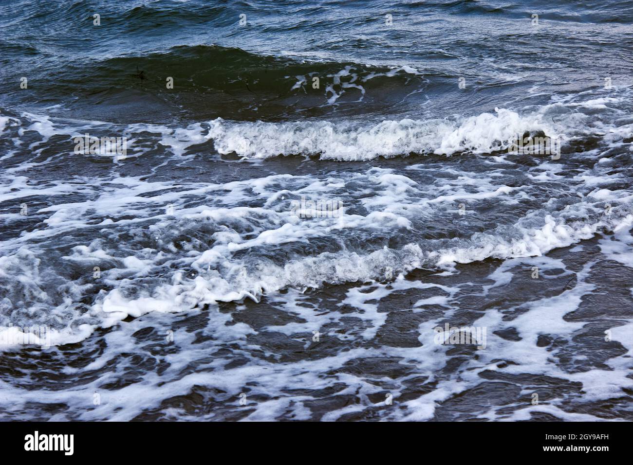 Dark sea. Strong waves with bright white sea foam. The raging sea in ...