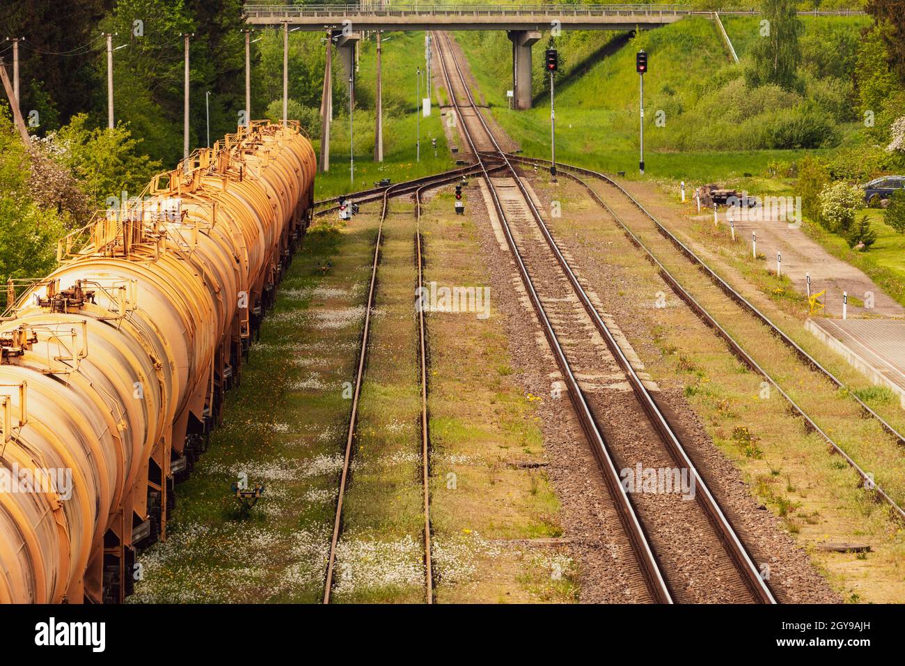 Set of train tanks with oil or fuel waiting on the station Stock Photo ...
