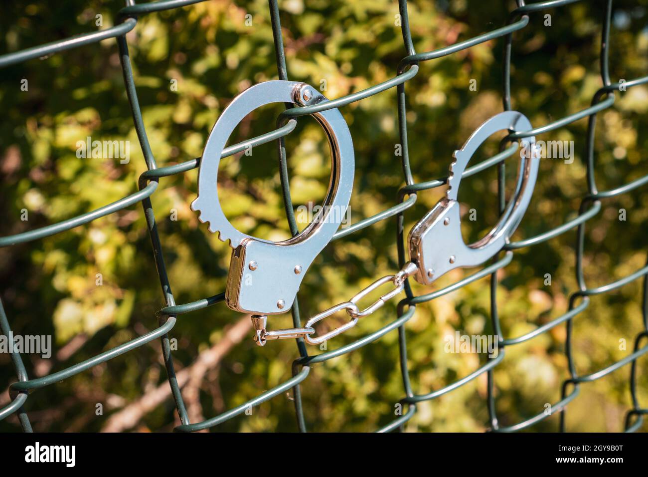 Handcuffs hanging on the fence with nature background. Selective focus ...