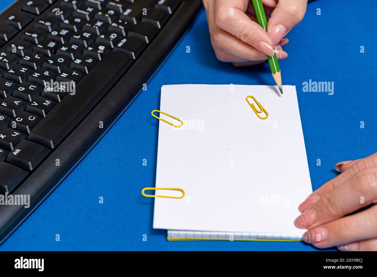 Hands pointing pressing computer keyboard keys typewriting new ideas ...