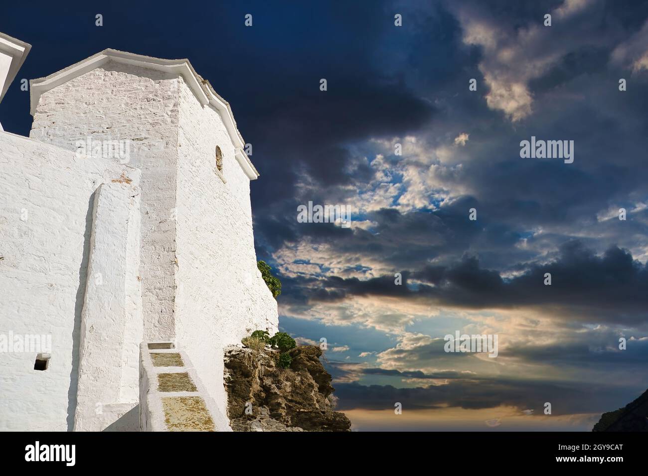 traditional white Church of Byzantine style, Skopelos Island, Greece ...