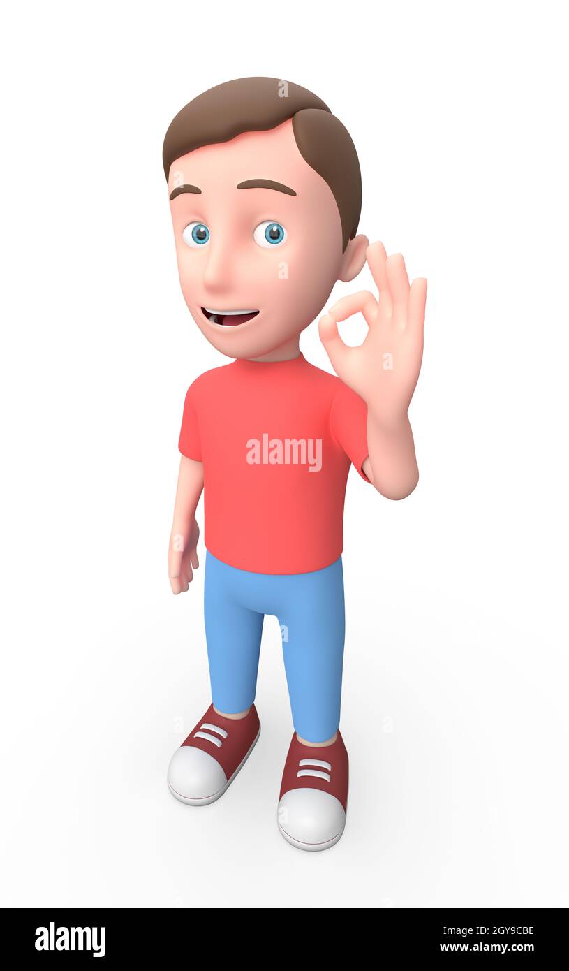 Standing Young Boy Smiling and Showing OK Sign. 3D Cartoon Character ...