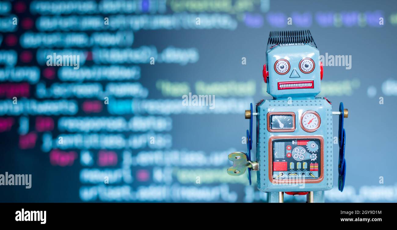 Symbol for a chatbot or social bot and algorithms, program code in the background Stock Photo ...