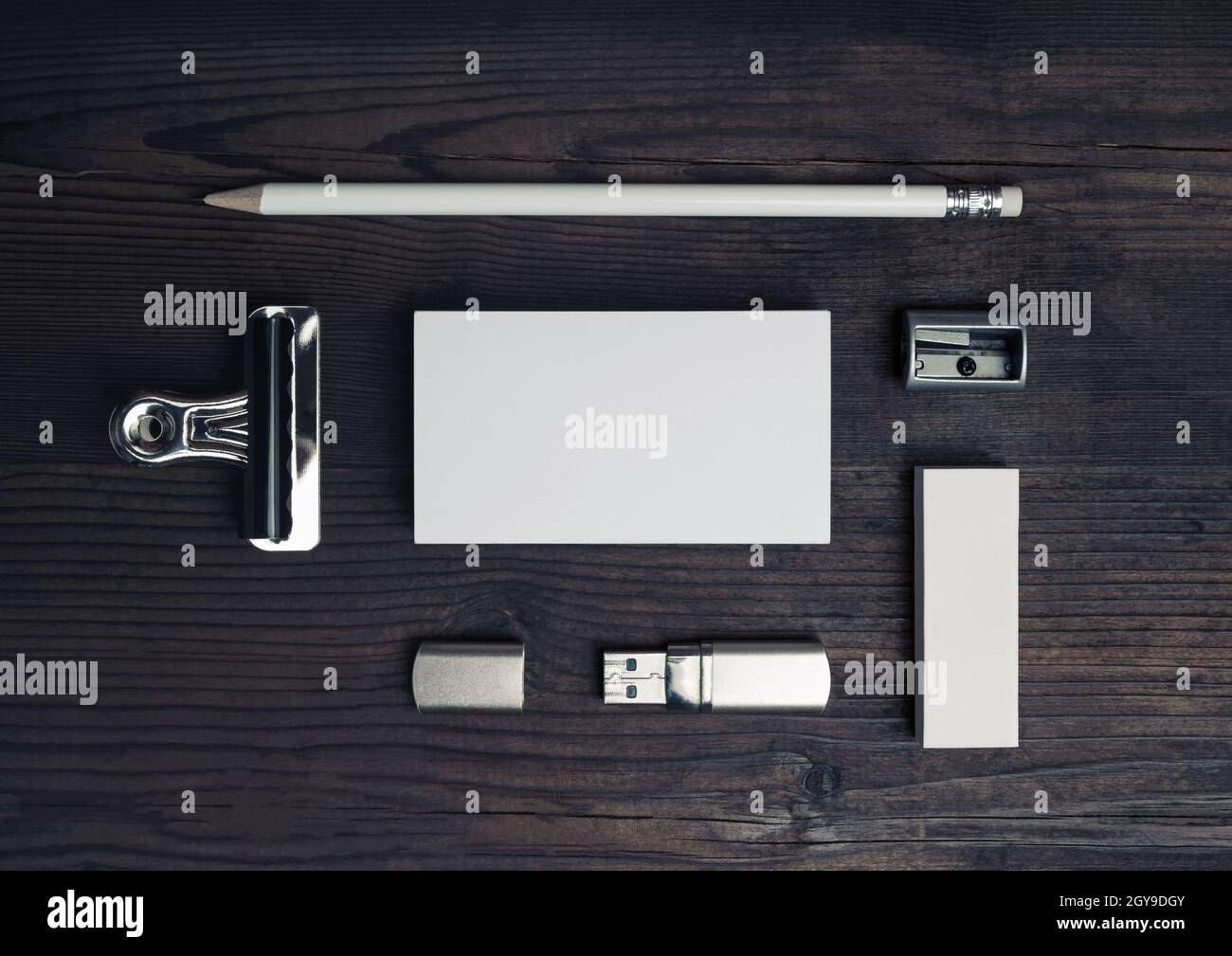 Blank stationery set on wooden background. Business card, pencil ...