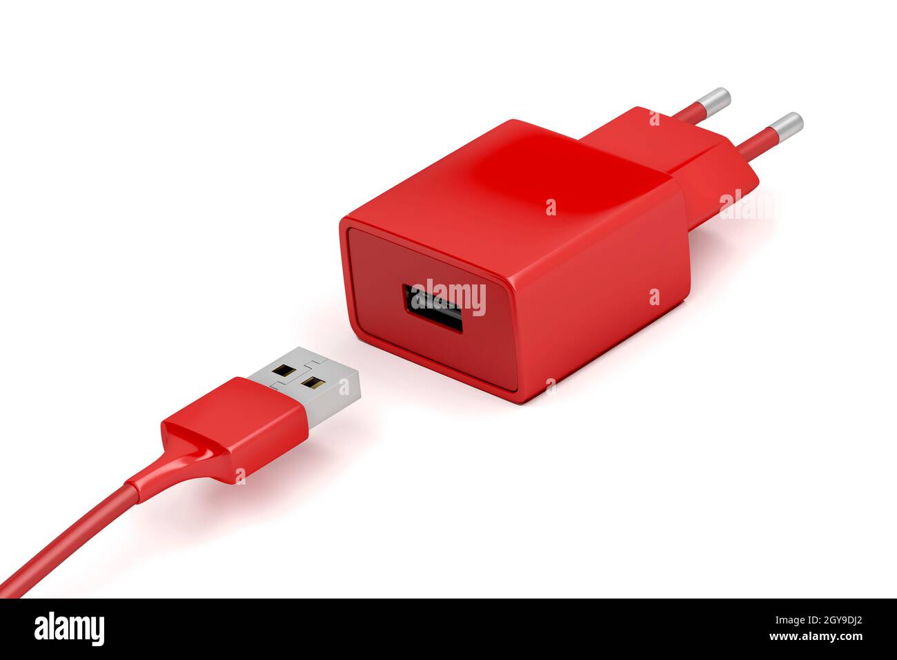 Red power adapter and USB cable on a white background Stock Photo - Alamy