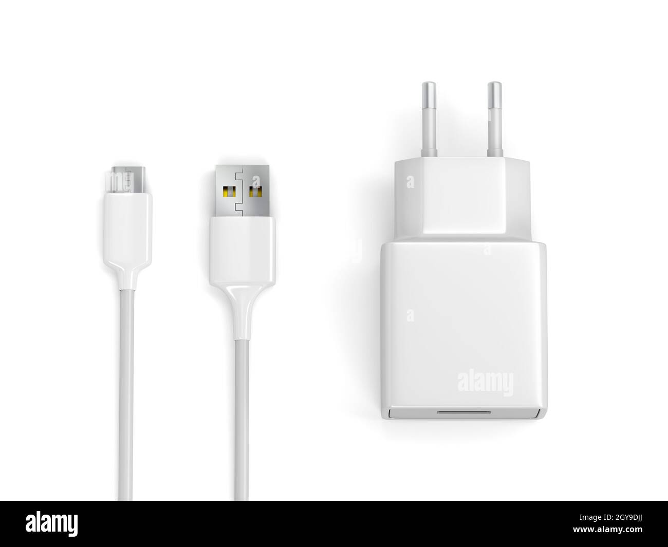 Smartphone power adapter and USB-A to USB-C cable on white background ...
