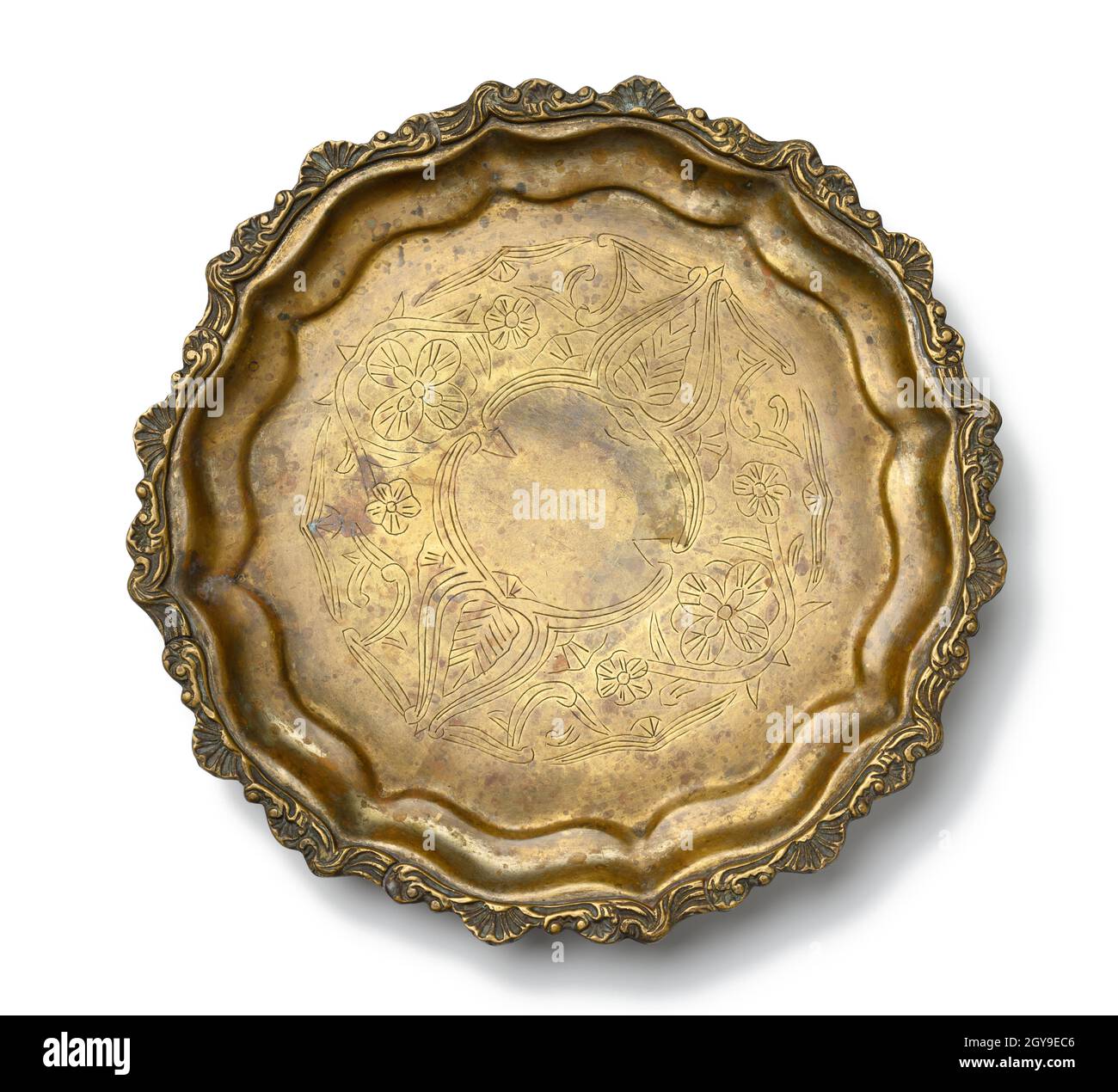 empty copper round vintage plate isolated on white background, fruit ...