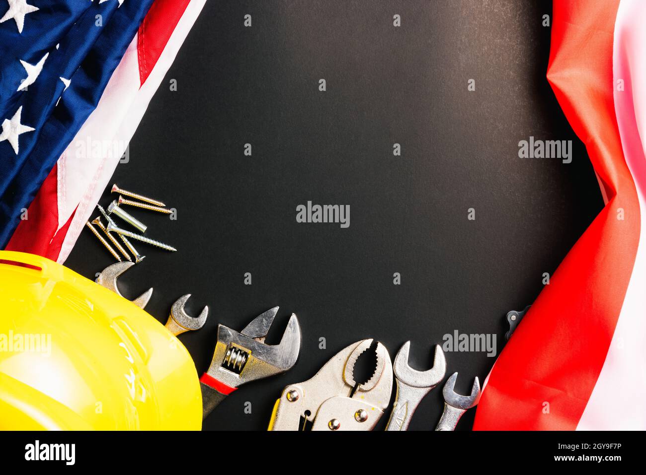 Labor day concept, Top view flat lay of different kinds wrenches with ...