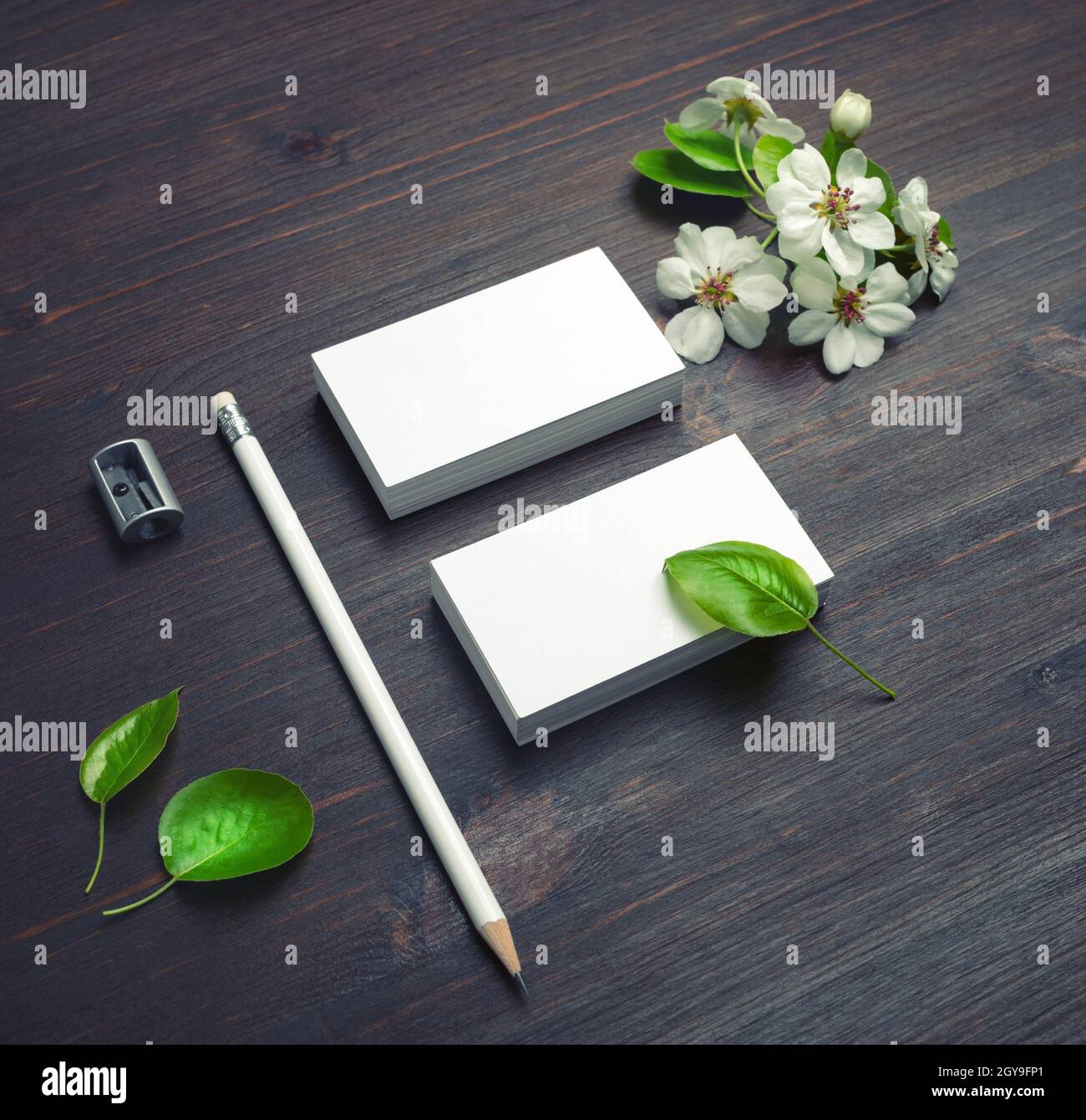 Blank white business cards mockup, pencil, sharpener and spring flowers ...