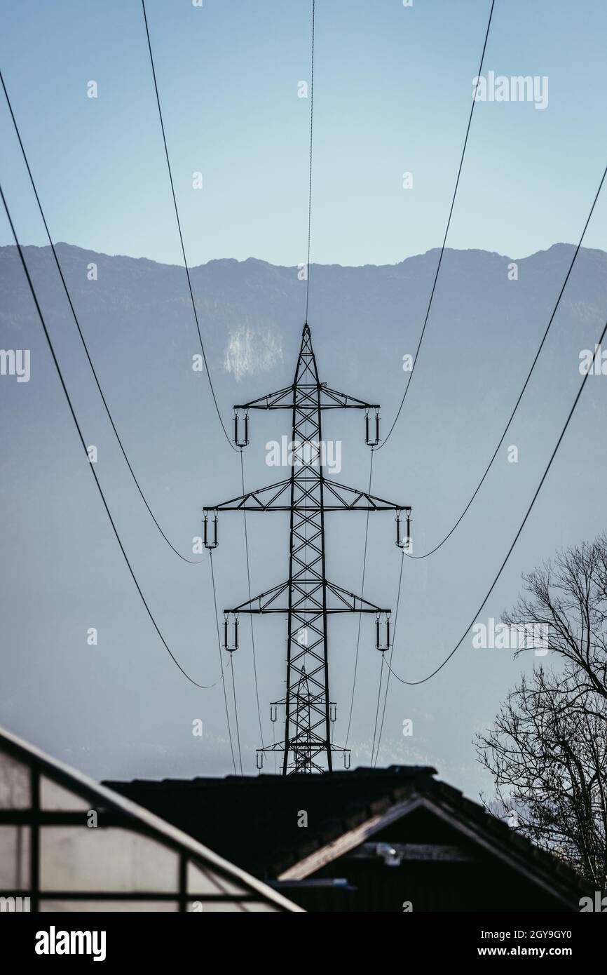 High voltage electricity power supply line Stock Photo - Alamy