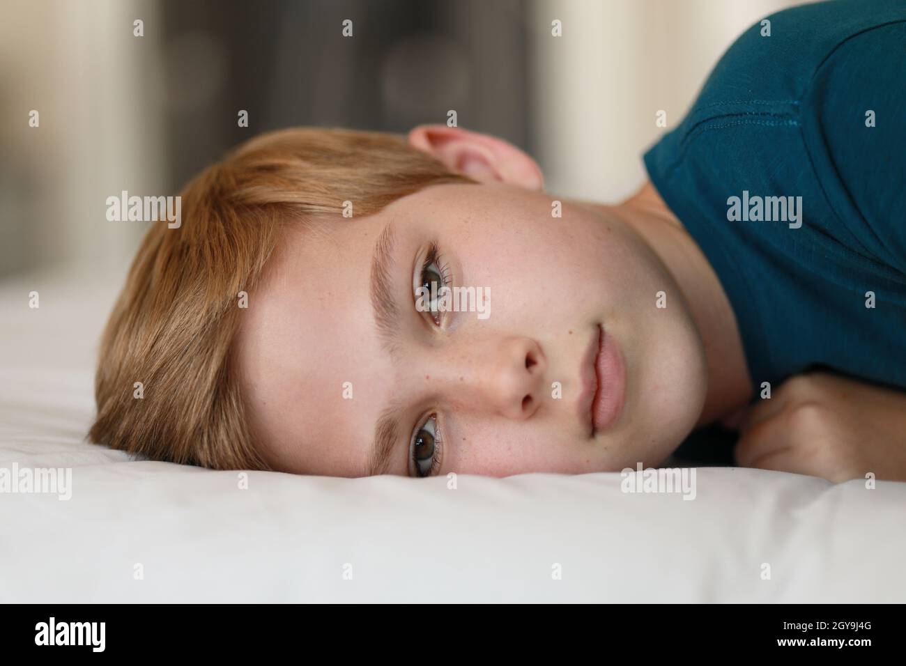 Portrait of young boy waking up. Family, vacation, childhood, sleep ...