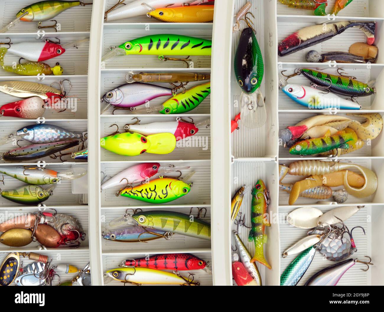 Set of colorful fishing lures, fisherman equipment background Stock ...