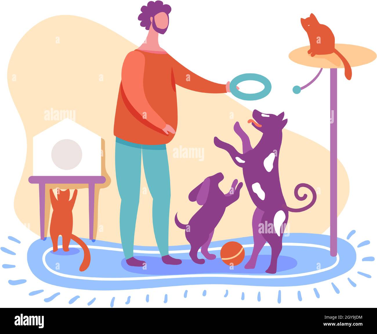 Man training home animals, play with dog. Vector training pet at home ...