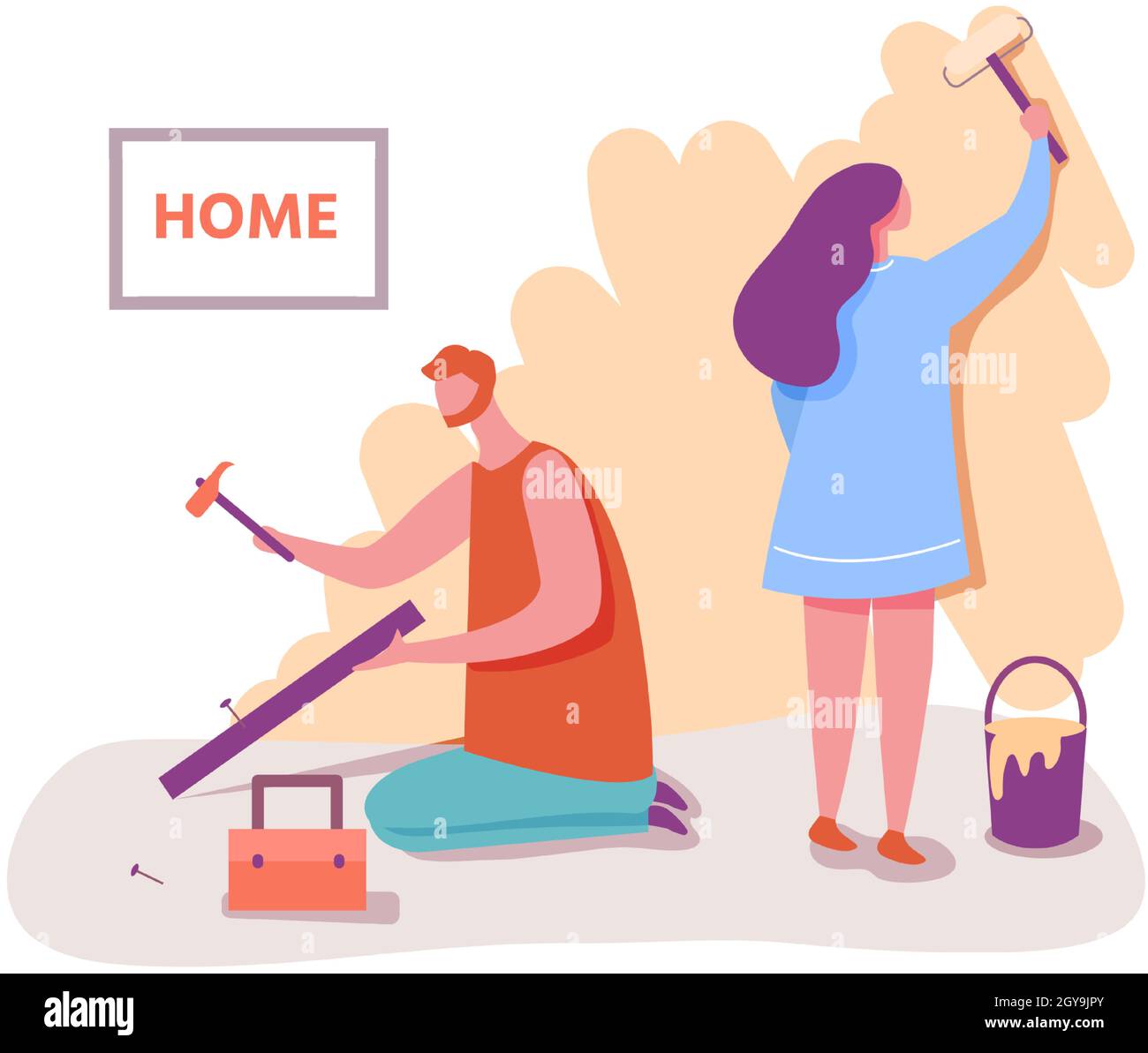 Couple man and woman doing renovation in flat. Vector repair wall ...